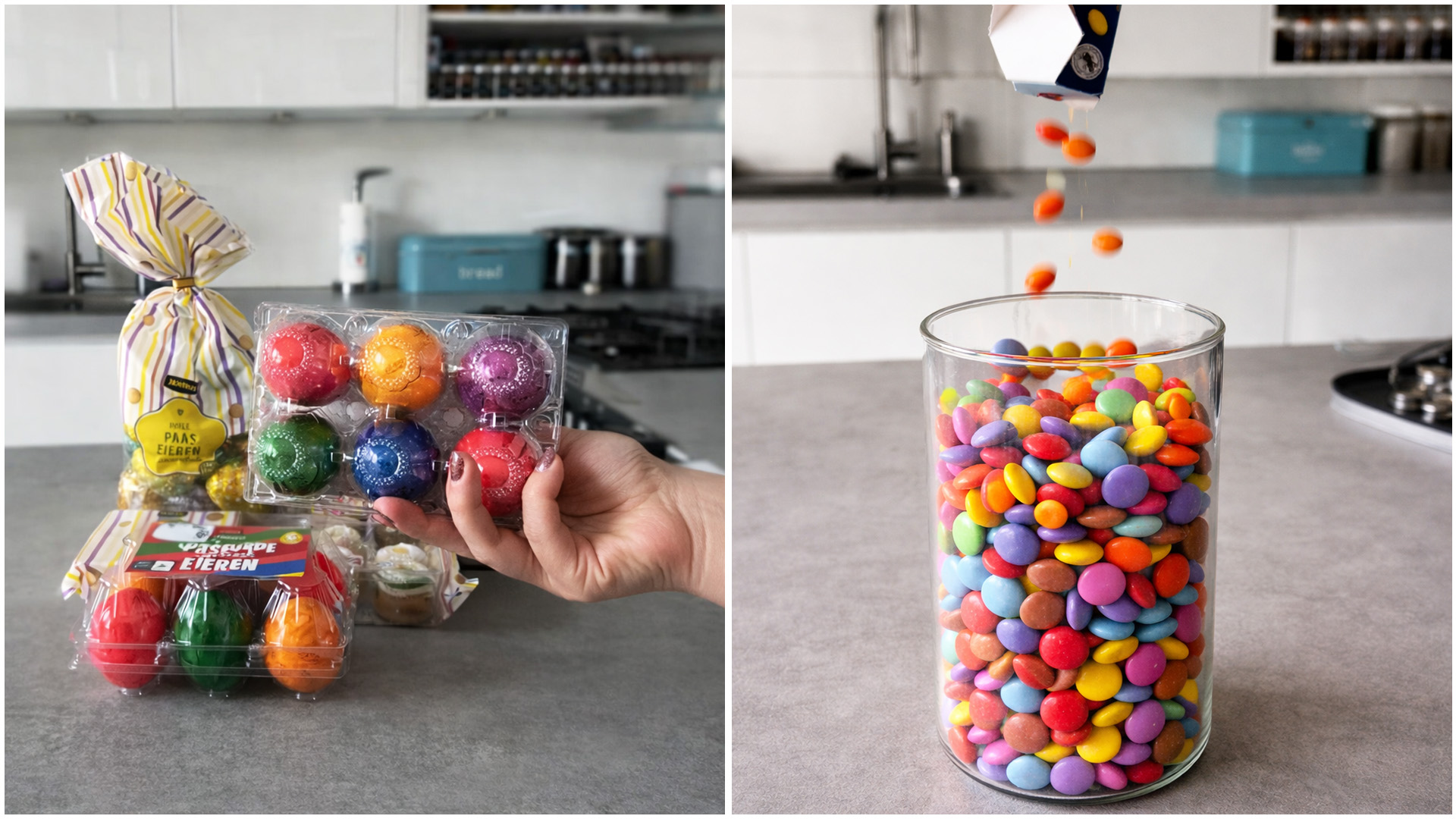 Colorful candy restock and glass jar filling