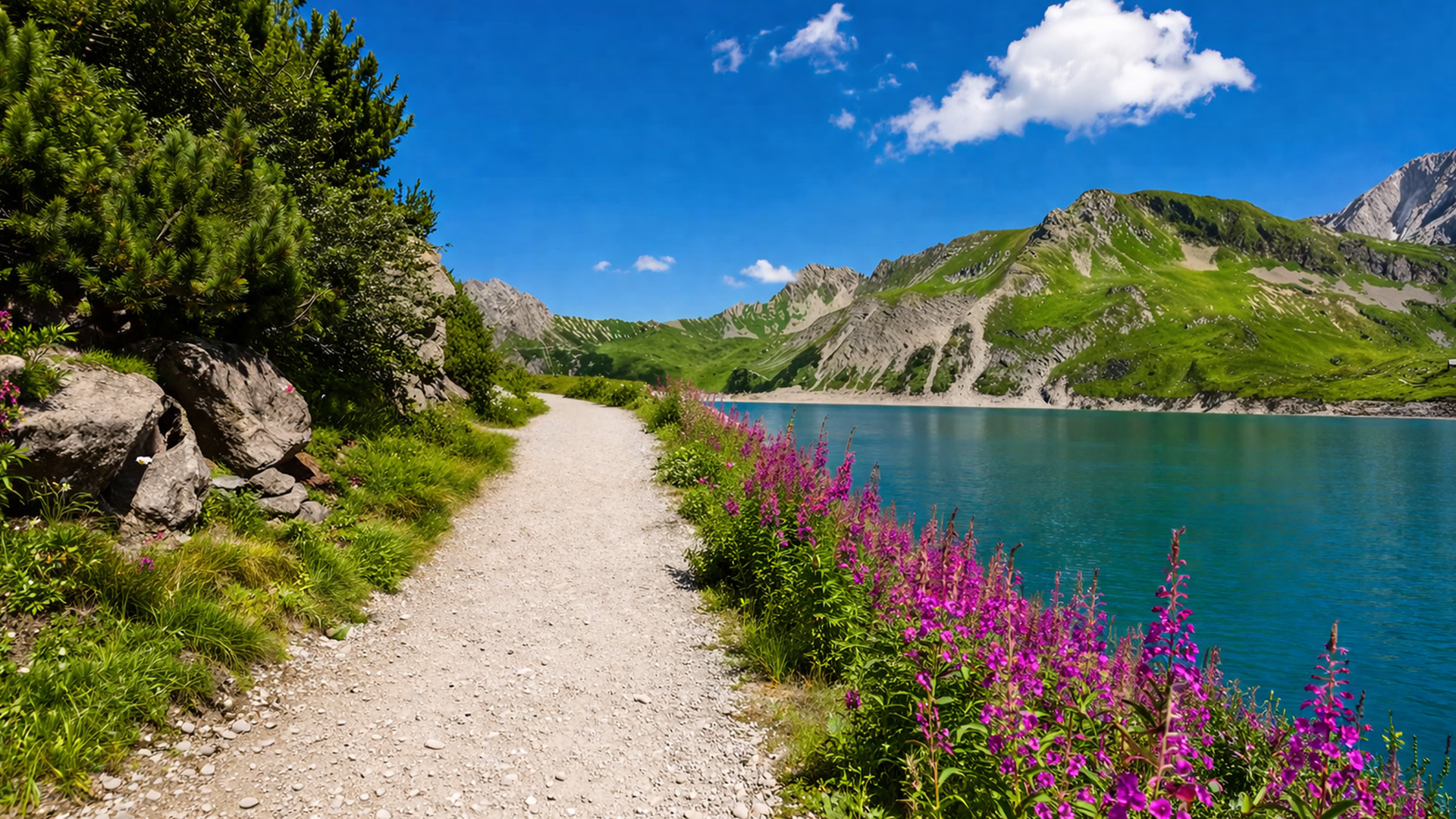 Lünersee Austria scenic lake walk Alps (4K)