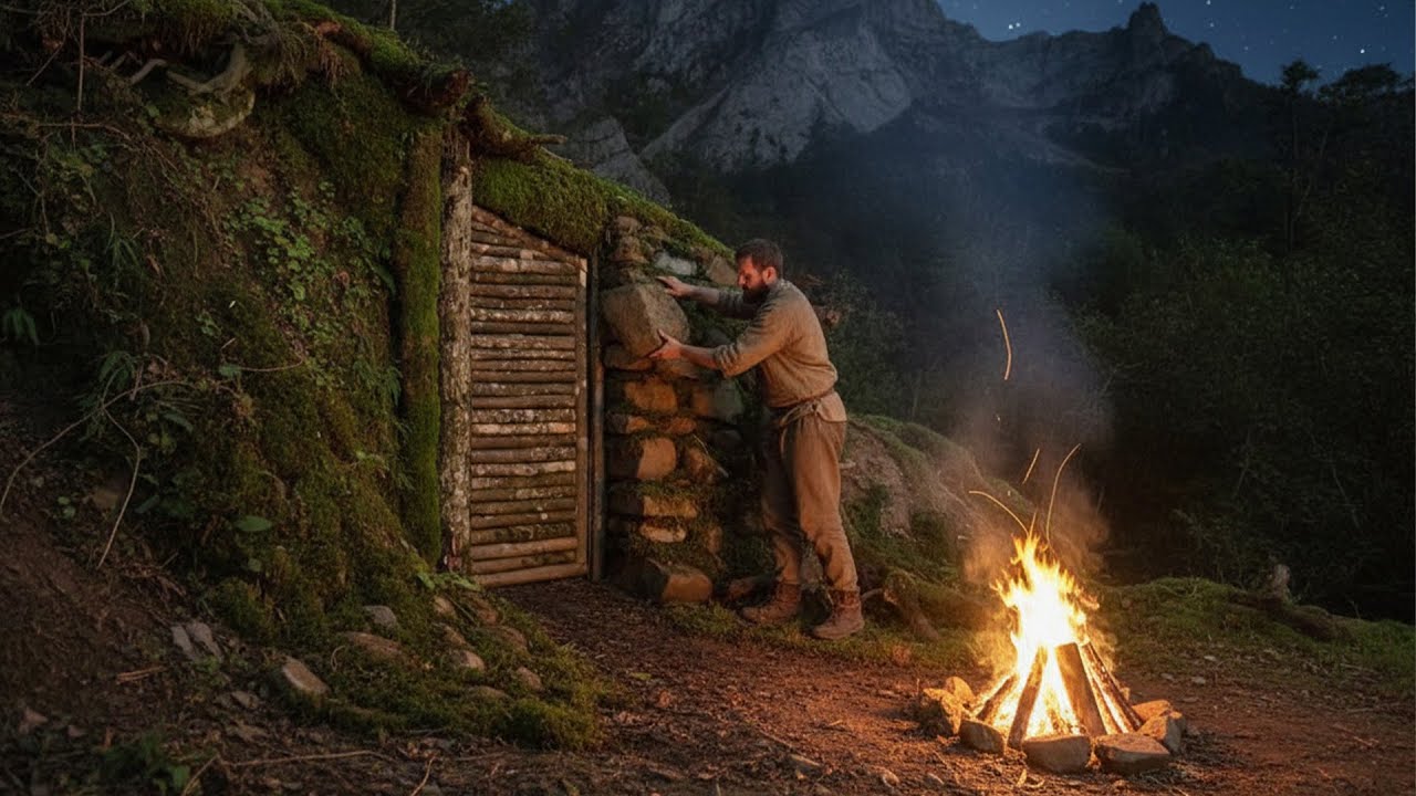 Man constructs a hidden stone shelter covered with moss in the forest