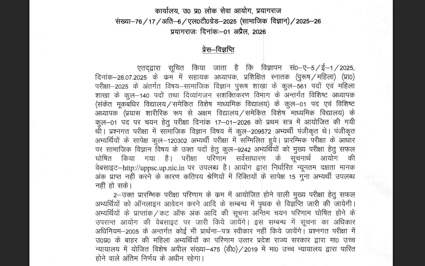 UPPSC TGT social science result 2026 released at uppsc.up.nic.in ...