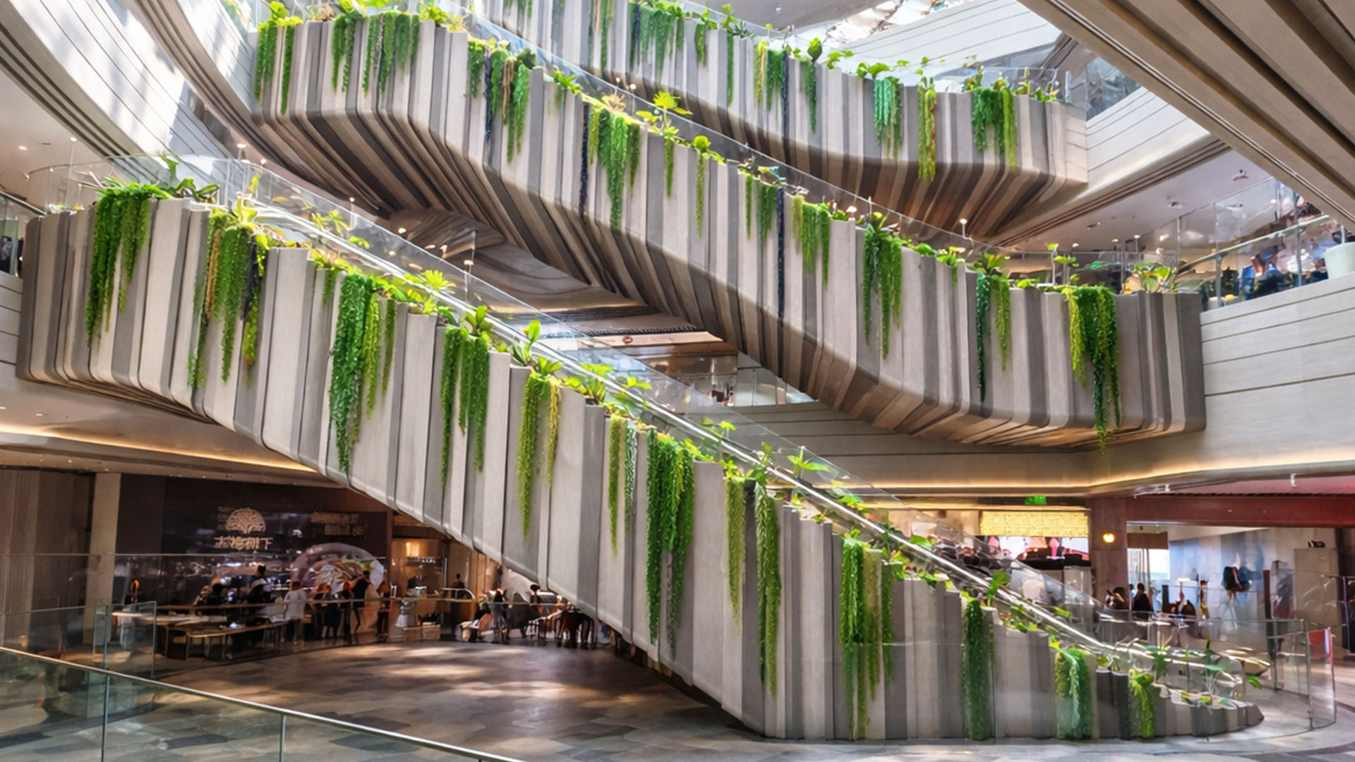 Shopping na China com escadas rolantes e jardins suspensos