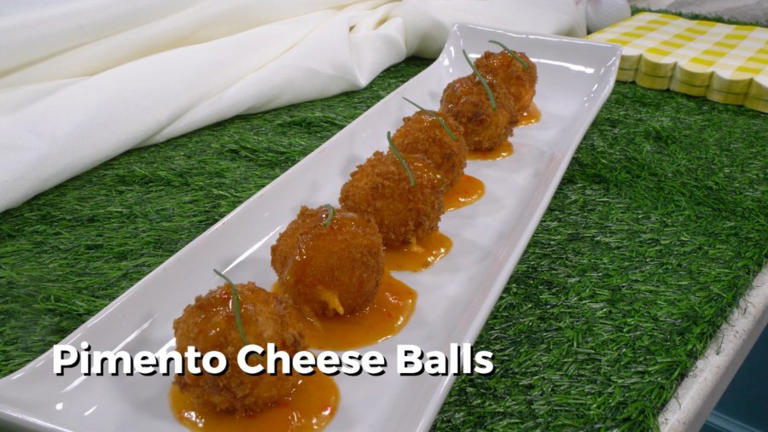 Deep fried pimento cheese balls teed up by chef Kim Holland