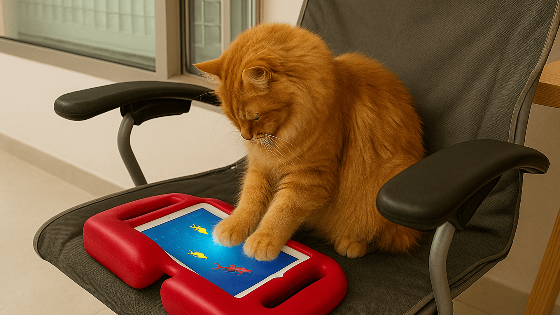 Cat focuses hard on tablet game