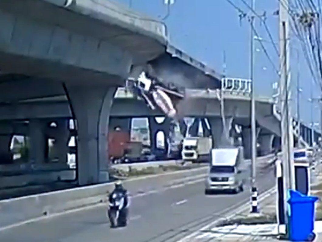 Concrete truck plunges off bridge at full speed