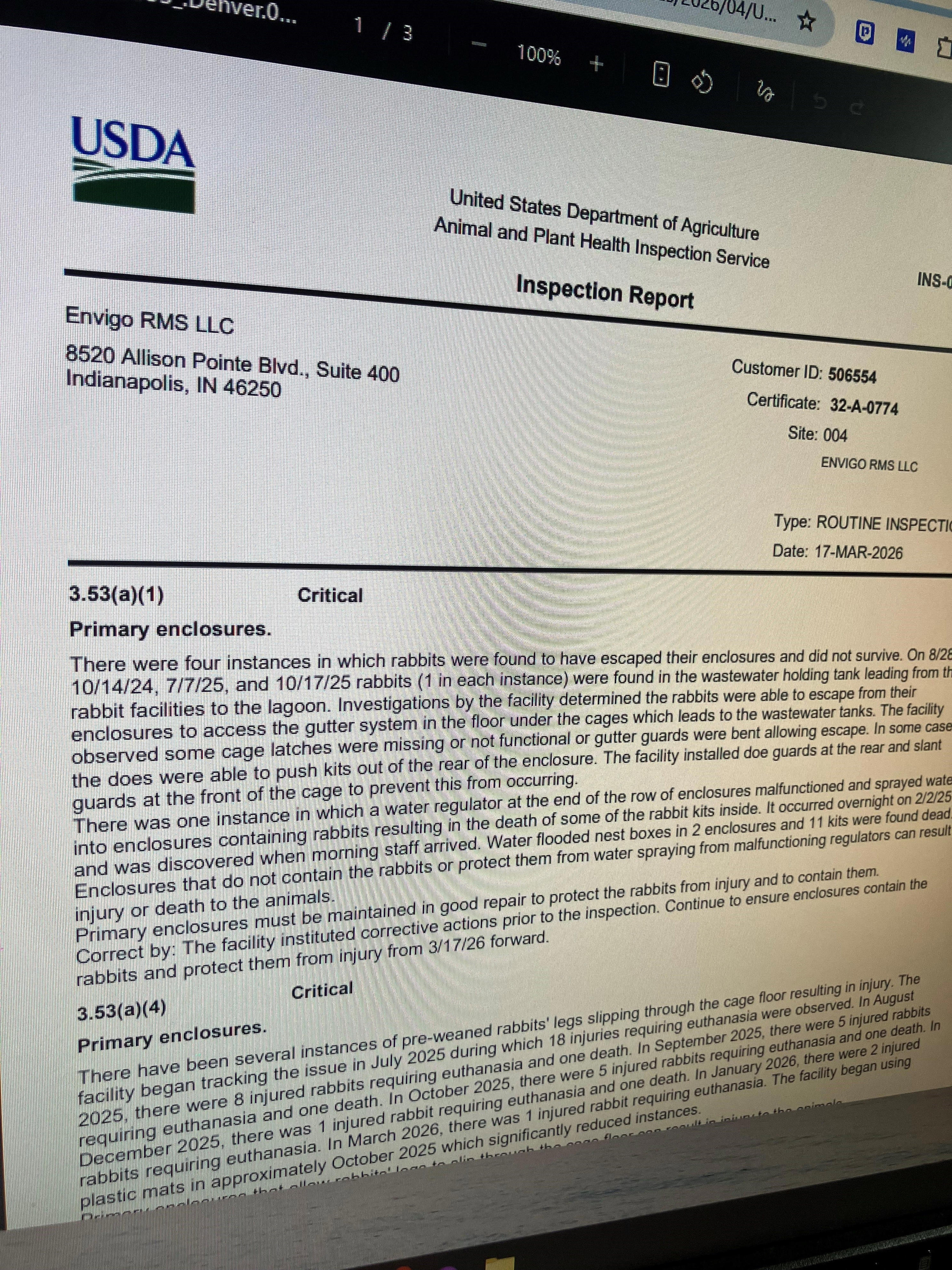 Indianapolis company cited for 'critical' animal welfare violations