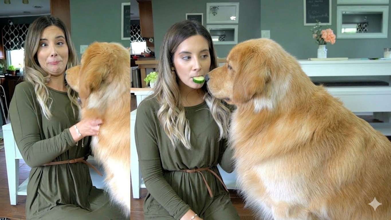 Funny golden retriever faces strange feeding situation