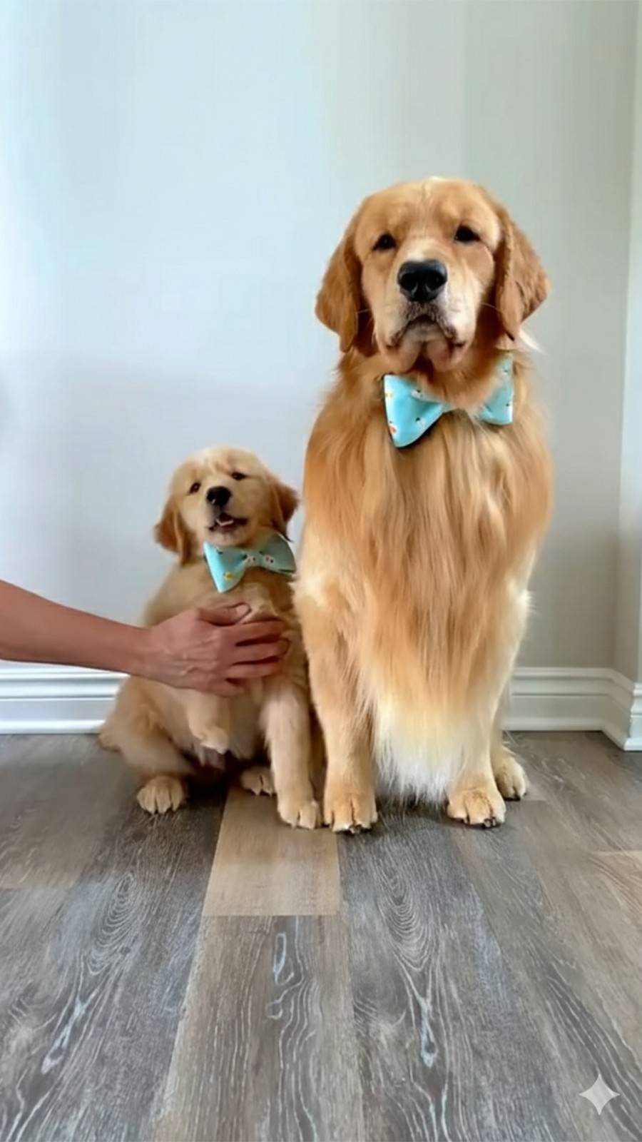 Funny golden retriever watches puppy ignore photoshoot rules