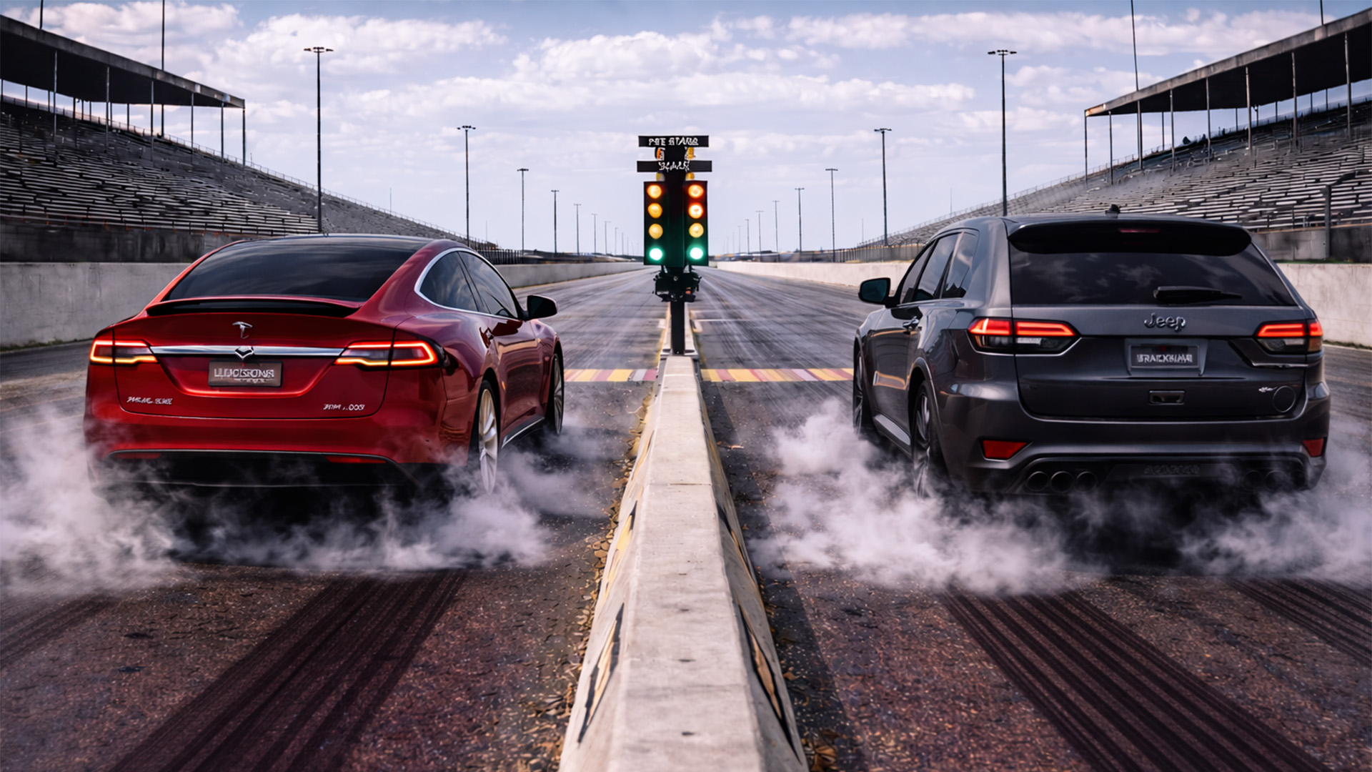 Tesla Model X P100D Ludicrous vs Jeep Trackhawk drag race