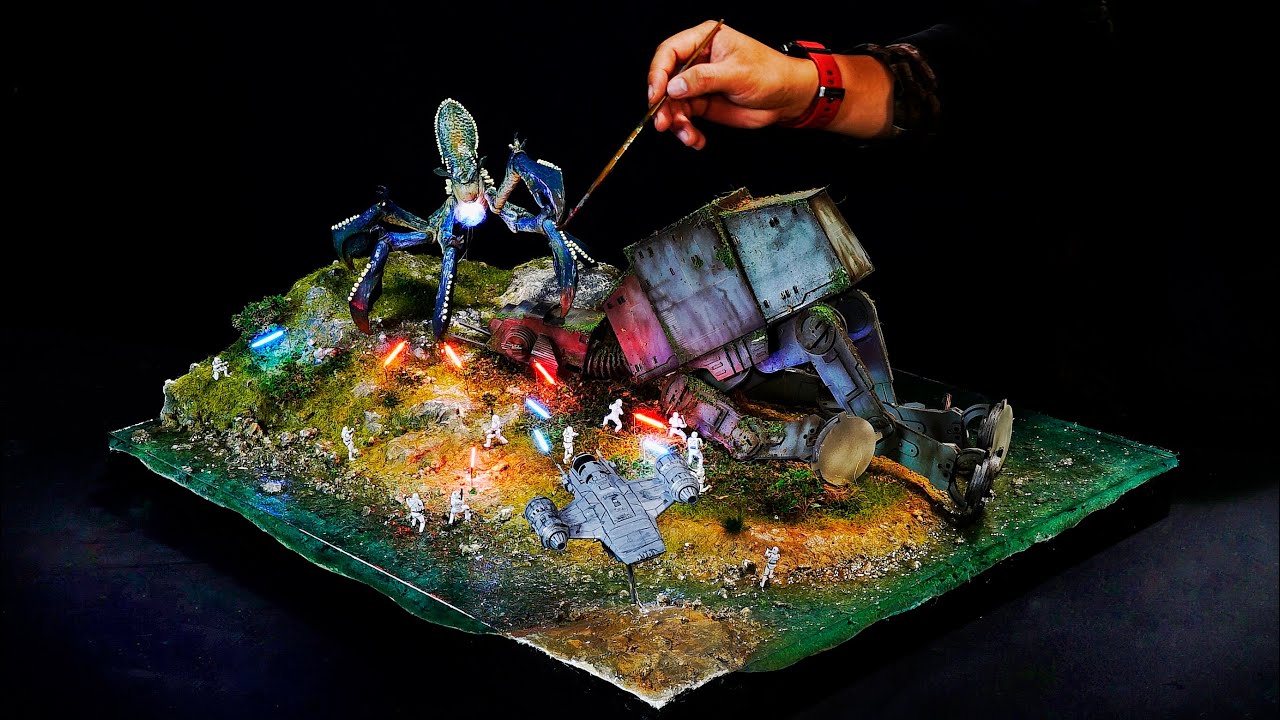 Epic Star Wars diorama build: AT-ST vs. alien creature battle scene!