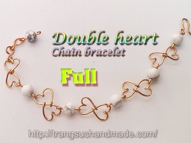 Simple double heart chain bracelet with white synthetic turquoise beads ...