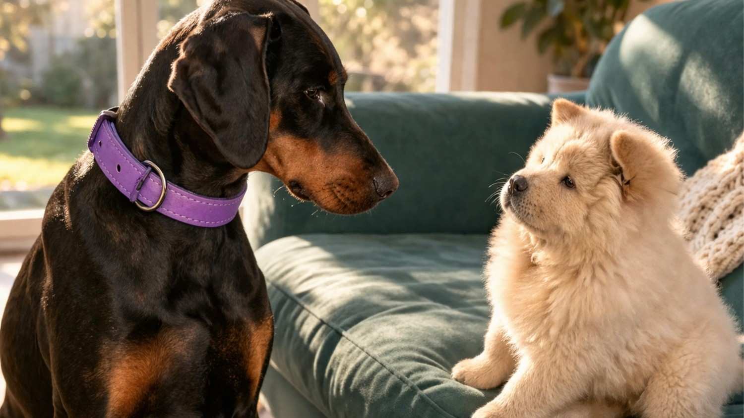 Doberman meets a fluffy rescue puppy for the first time