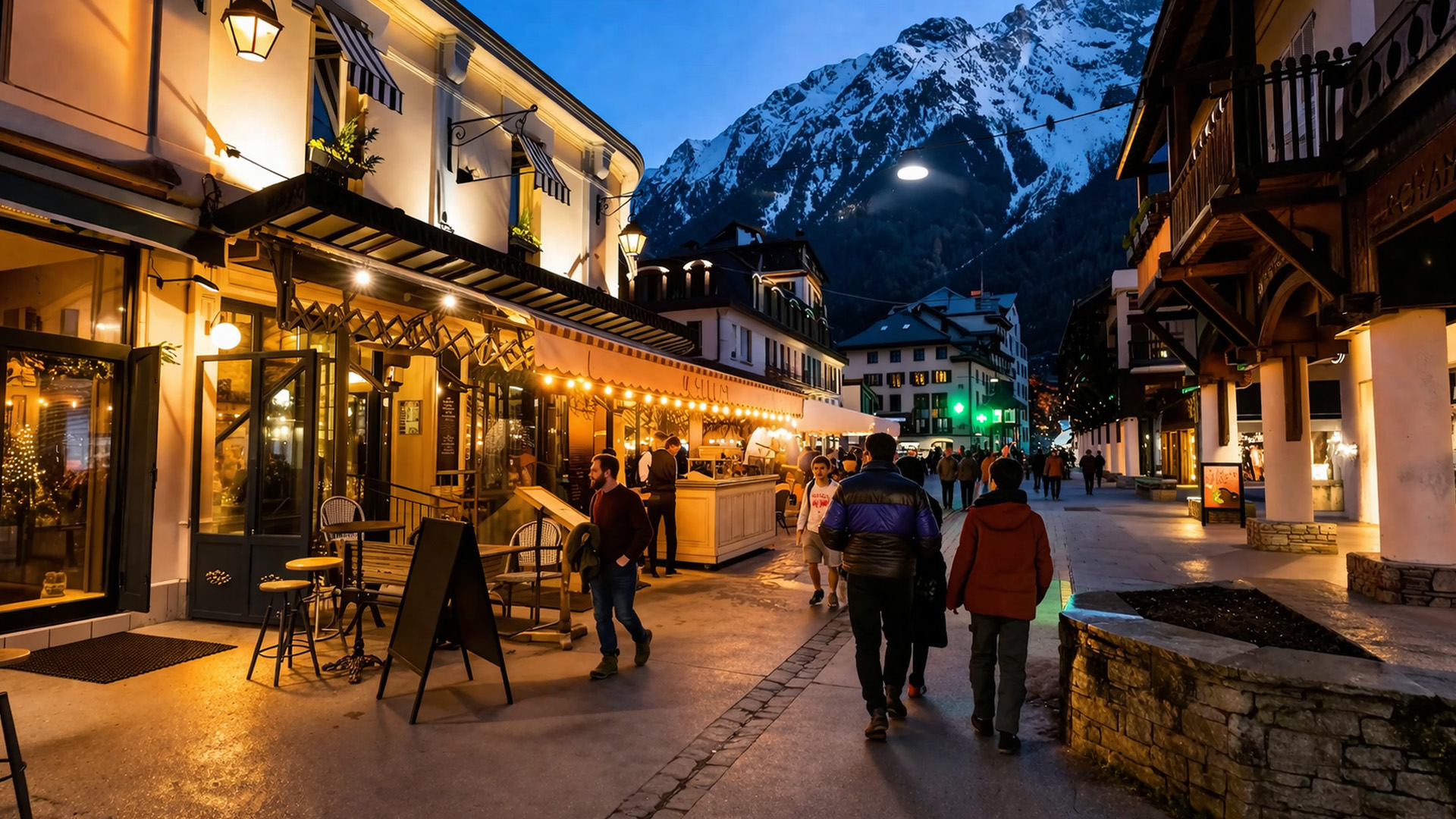 Paseo nocturno por el pueblo de Chamonix Mont Blanc en 4K