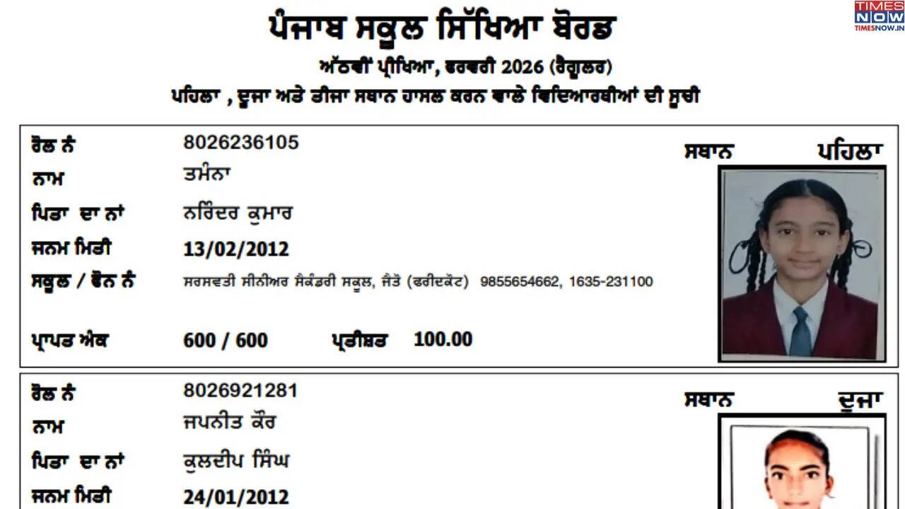 PSEB 8th Class Result 2026 Declared; 96.51% Students Pass