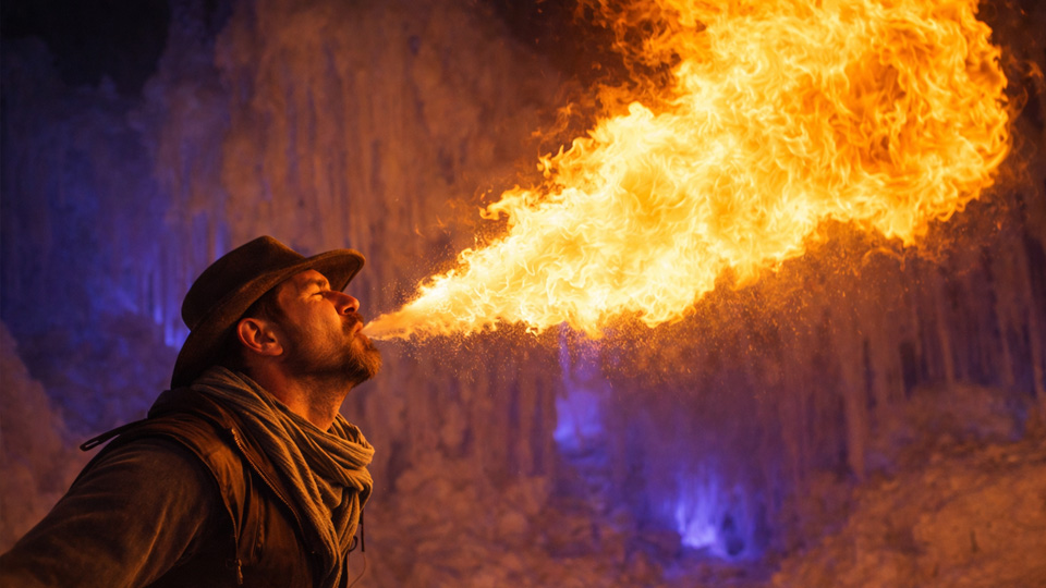 Human fire act shows intense flame performance