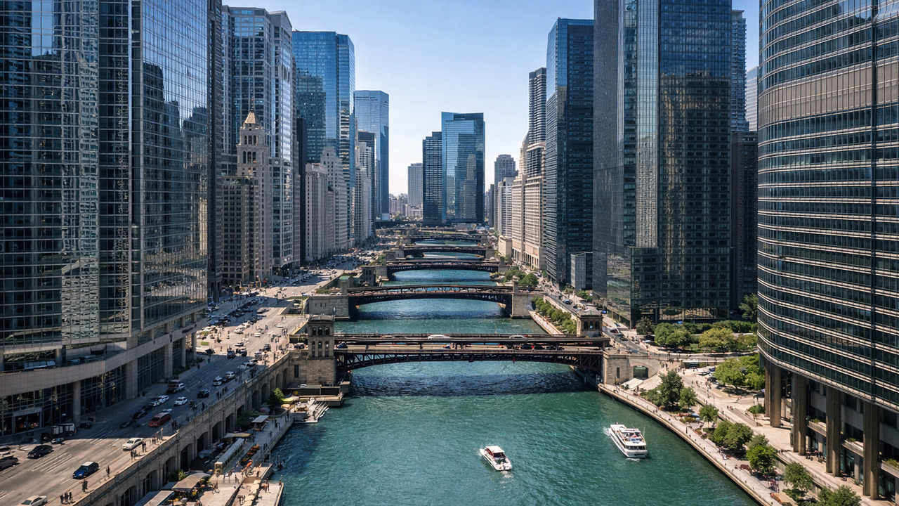 Aerial view of Chicago River and downtown