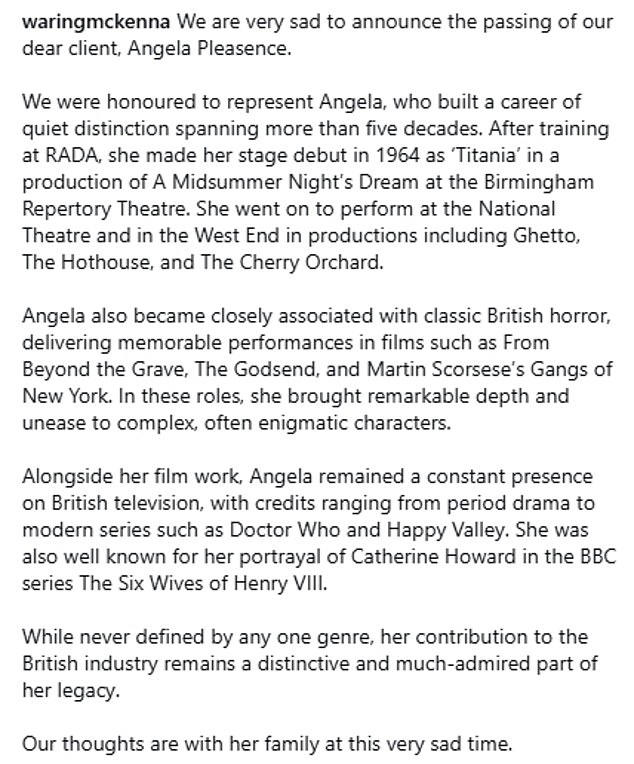 Coronation Street and Casualty star Angela Pleasance dies aged 84