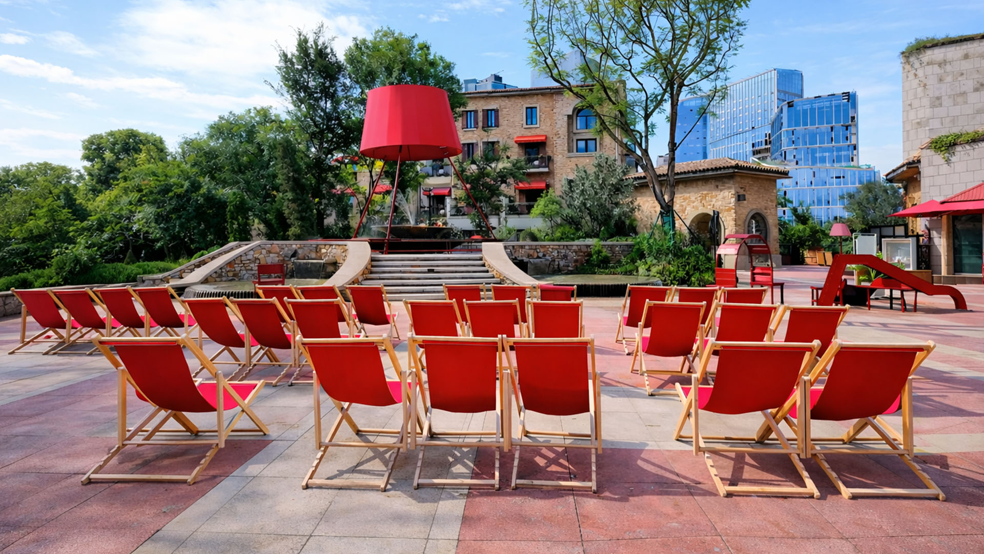 Open courtyard design combining seating space and small stage area