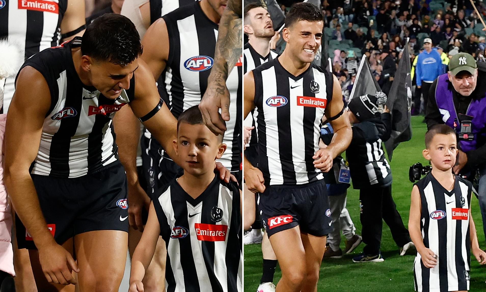 Tex Walker's son runs out with Collingwood star Nick Daicos in Magpies ...