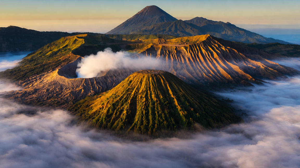 Natural volcanic landscape with steam rising from the crater