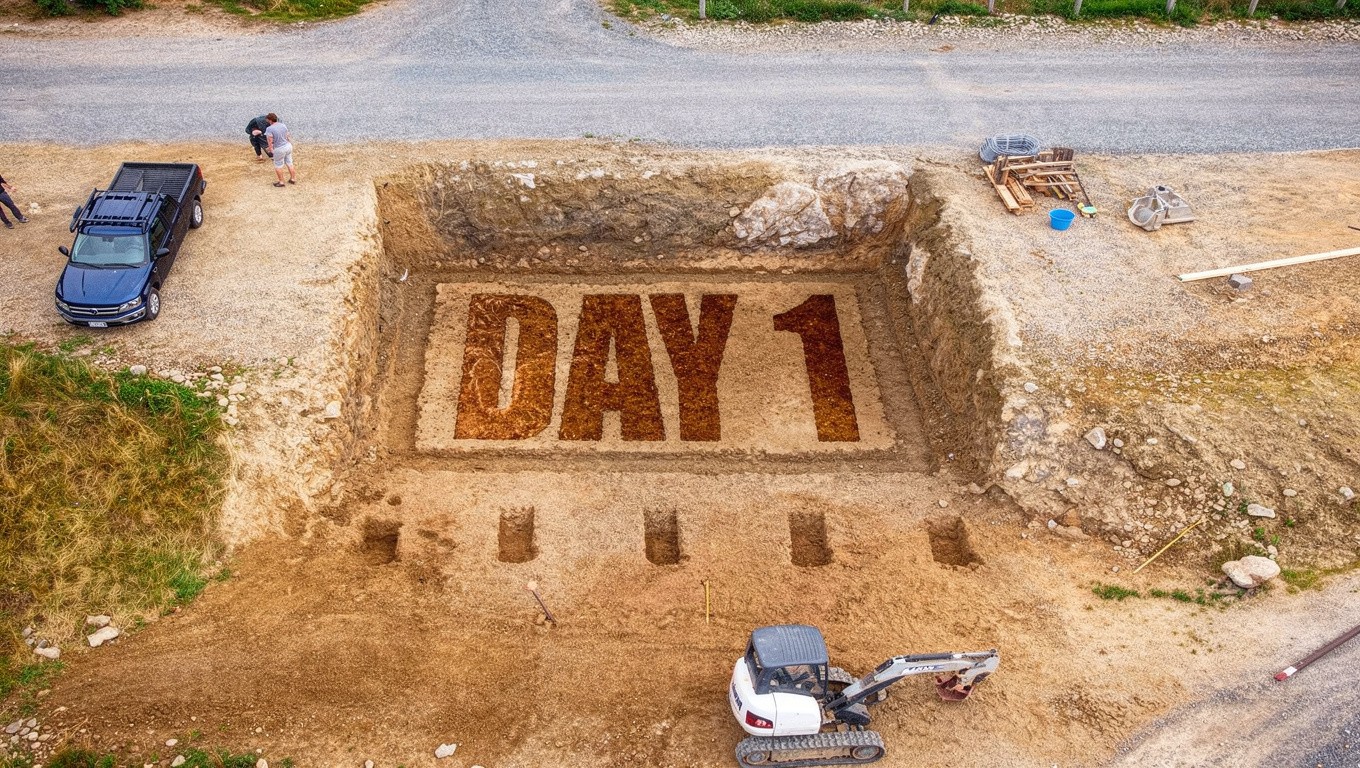 Laying out and digging the foundation is where the farmhouse gets real