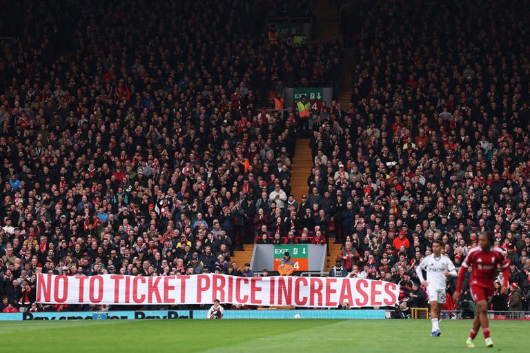 Liverpool protest inside Anfield with banner and explosive chant during ...