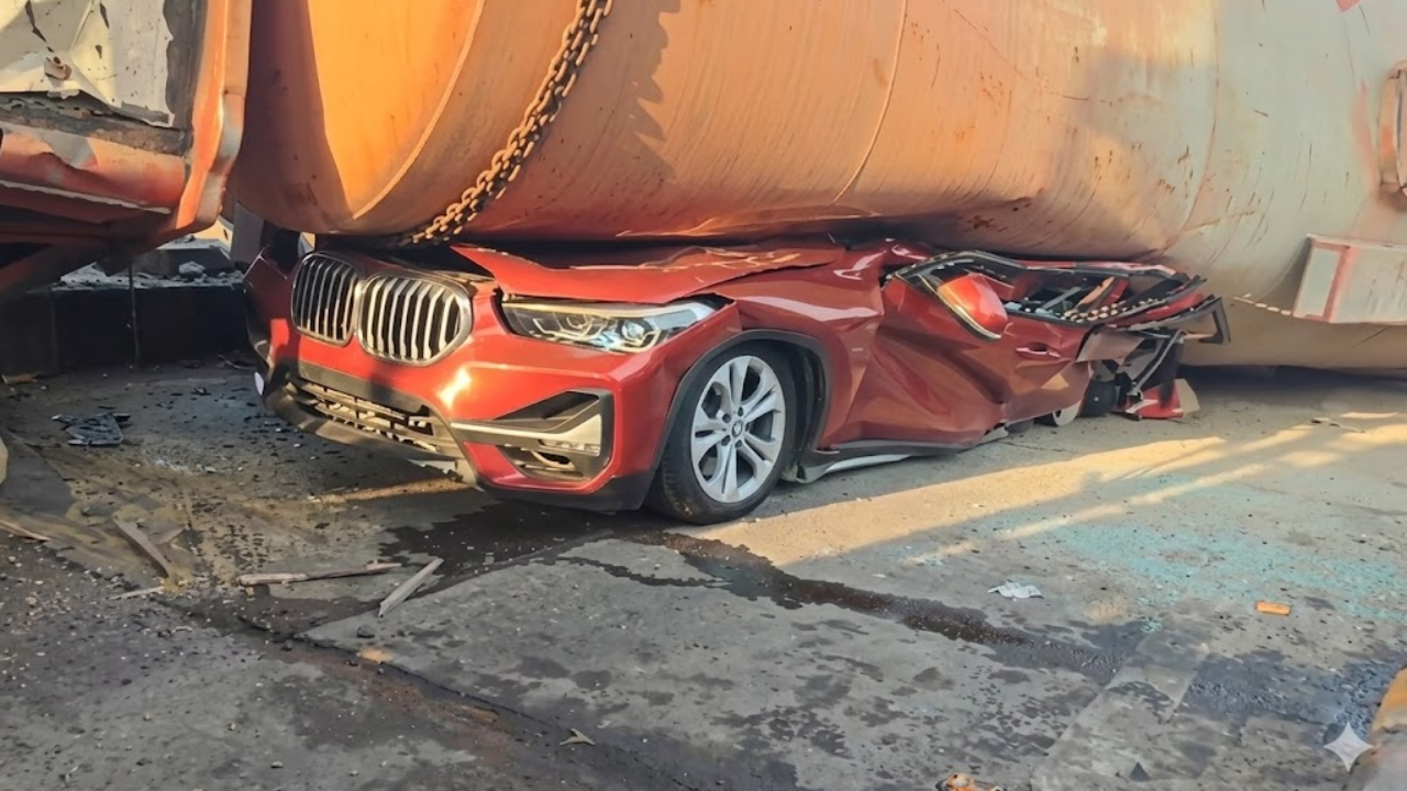 BMW crushed by kerosene tanker in Andhra, driver dies on the spot | Visuals
