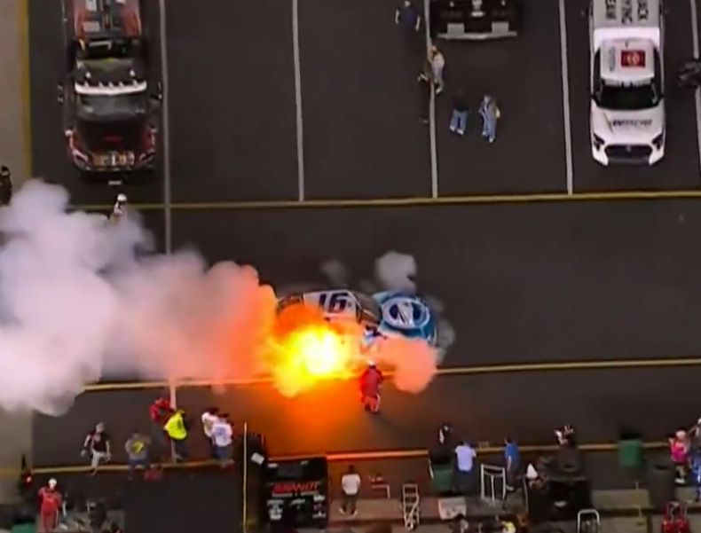 Mason Maggio No. 91 car bursts into flames during NASCAR O’Reilly ...