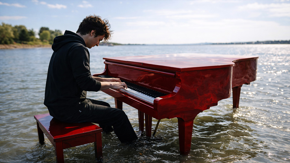 Piano scene on water highlights musical action