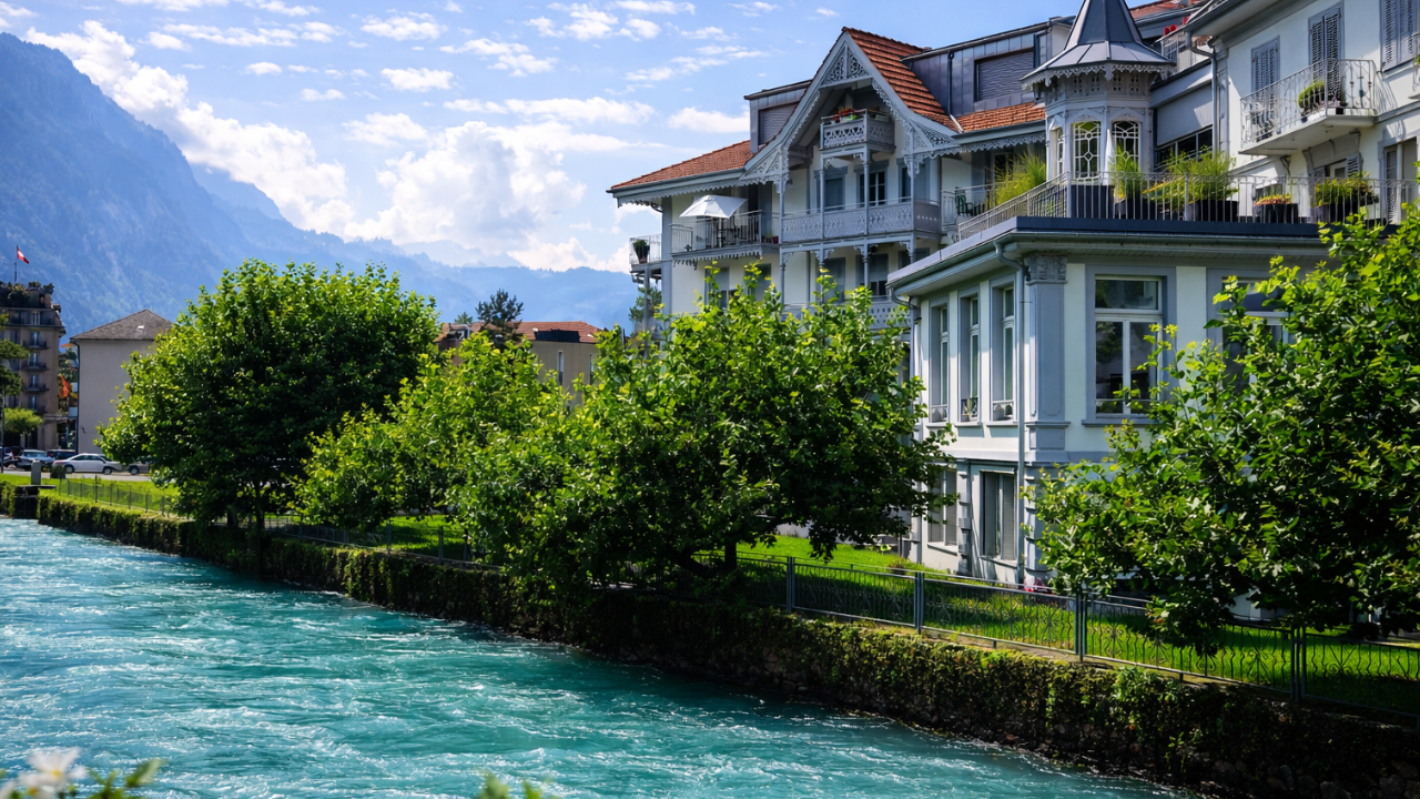 Interlaken riverside walk in Swiss Alps (4K)