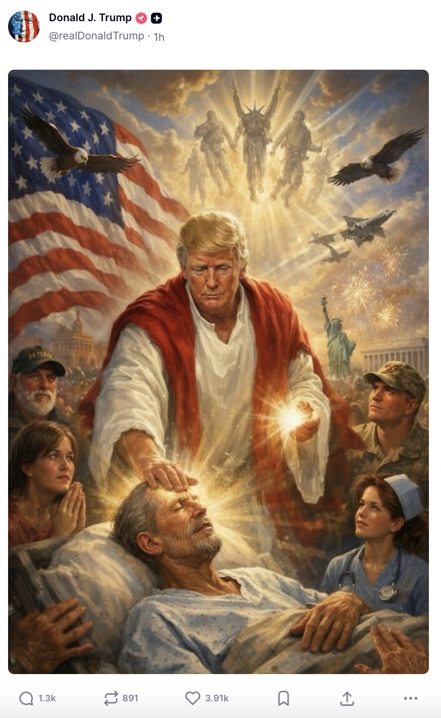 Trump posts Jesus-like picture of himself performing miracle on sick ...