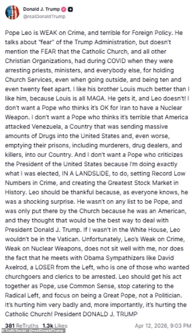 Trump savages 'very liberal' Pope Leo as 'weak on crime' in furious tirade