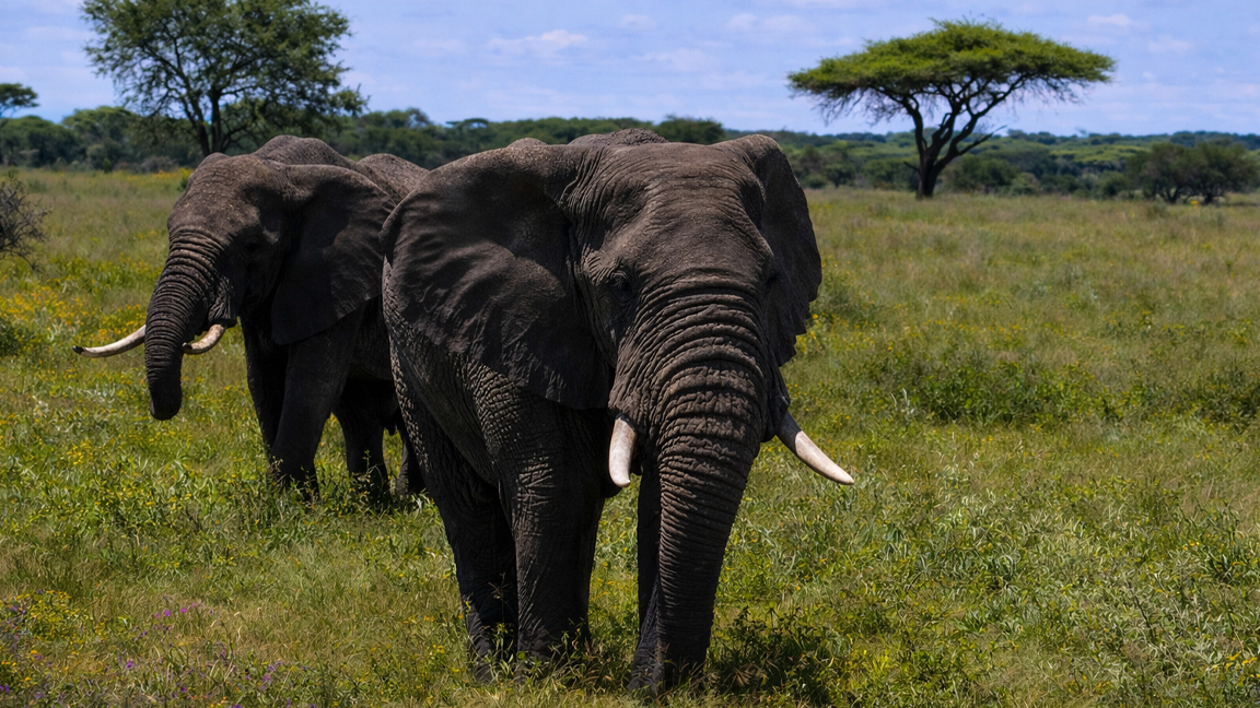 Two elephants walking calmly across an open savanna landscape