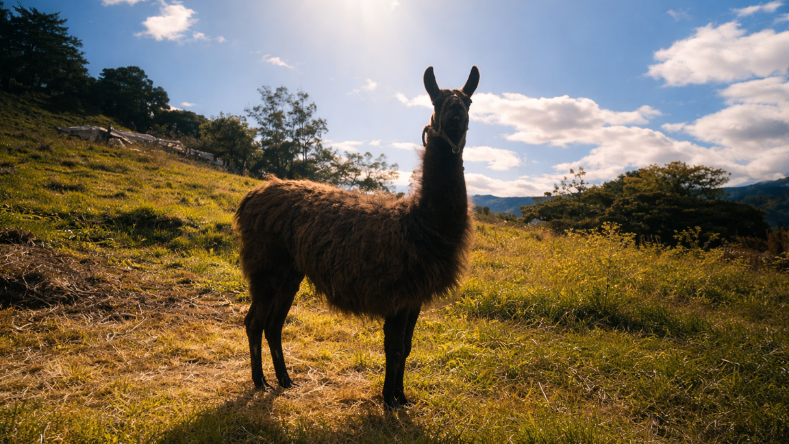 Gentle presence of a llama surrounded by soft golden light