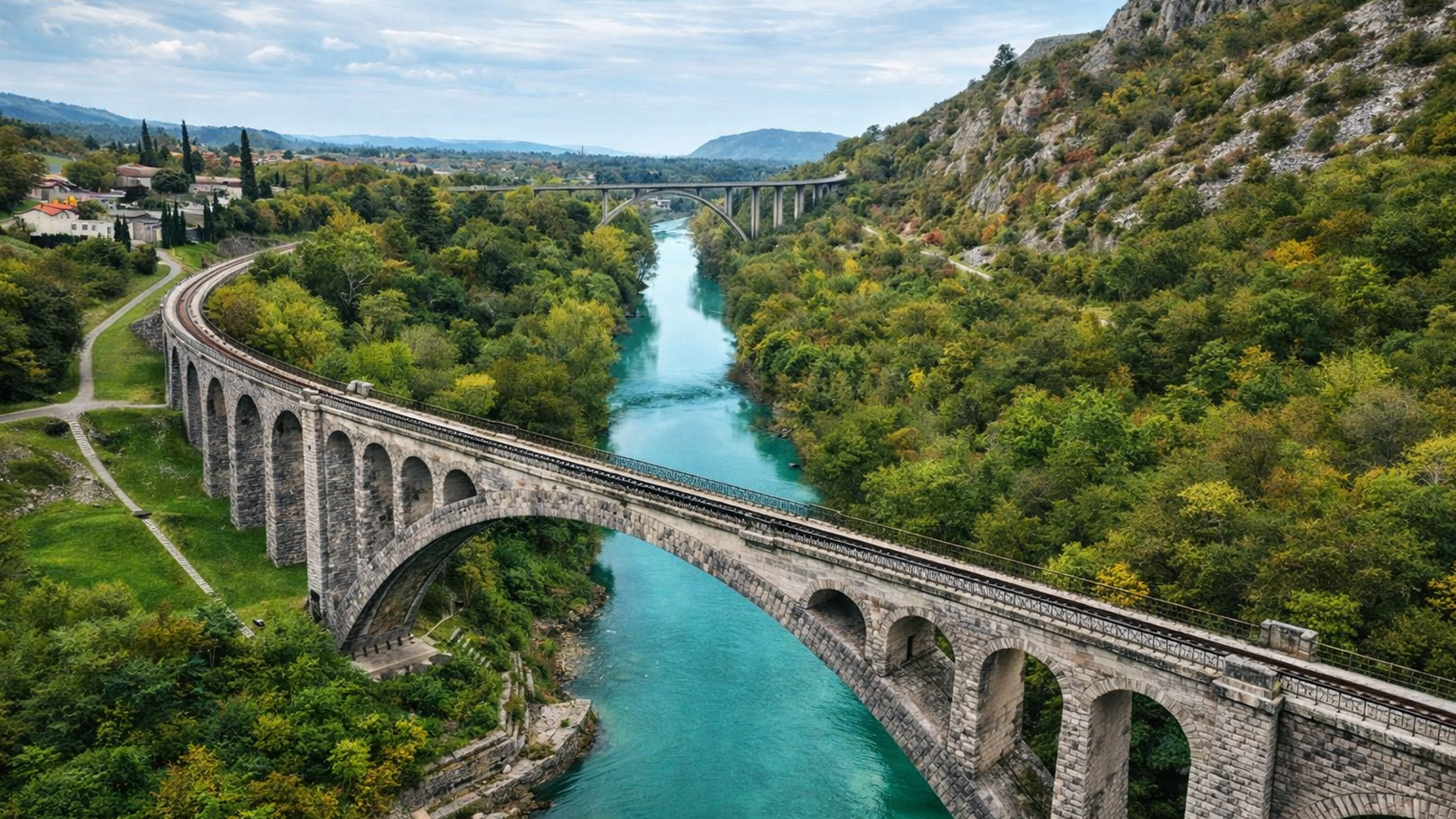 Un gran puente que se eleva sobre el río Soča