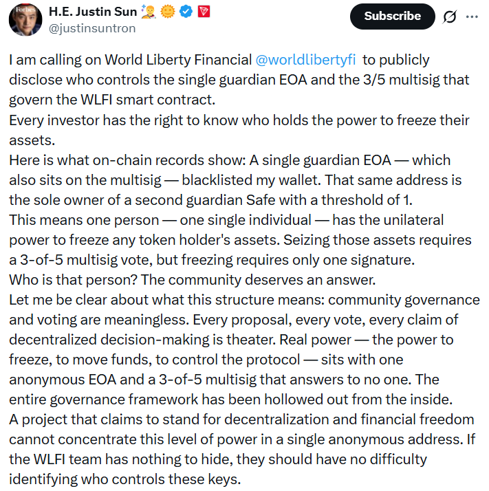 Justin Sun presses WLFI to identify wallets behind freeze powers