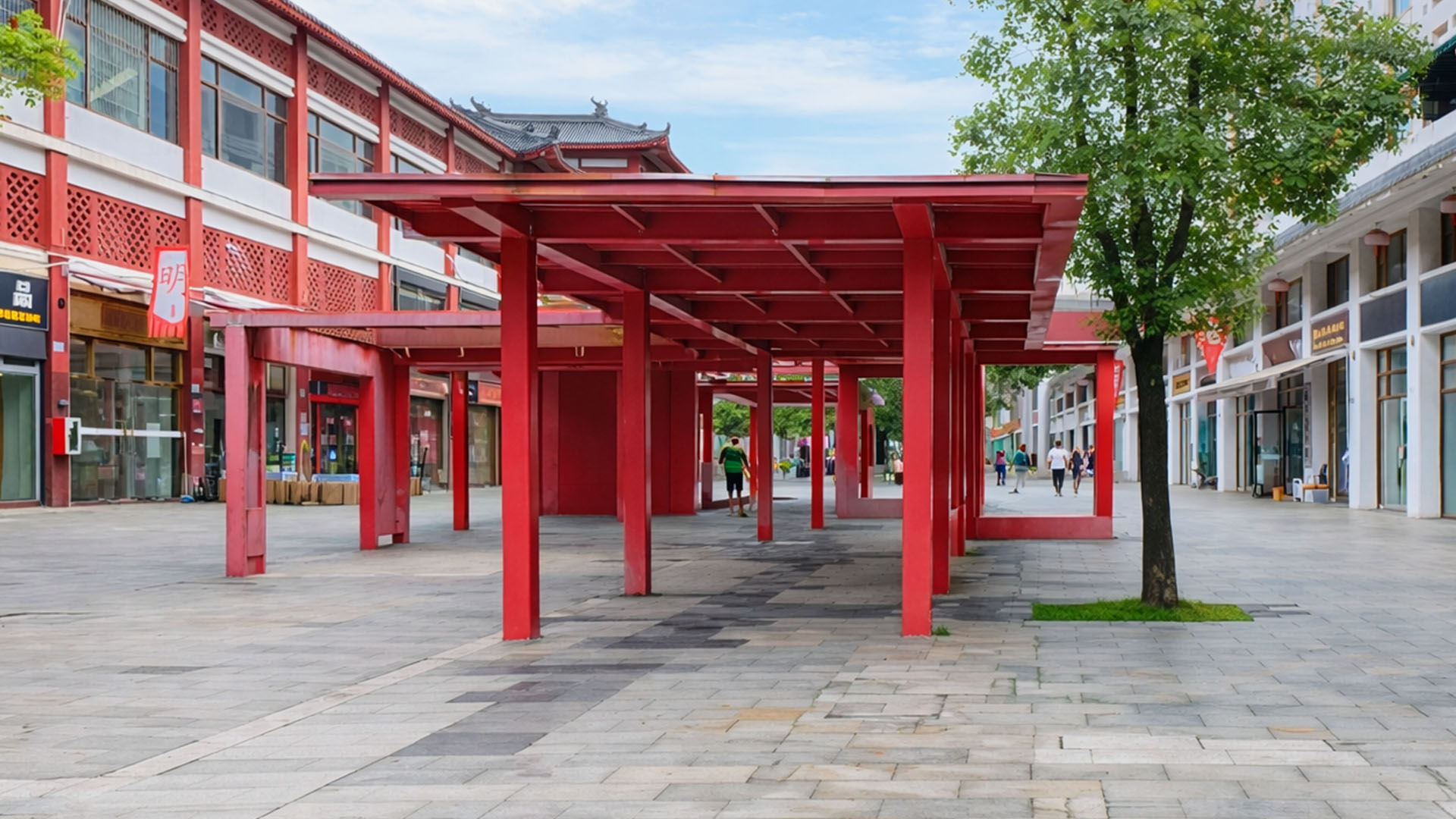 A modern street in China uses a red frame to guide movement