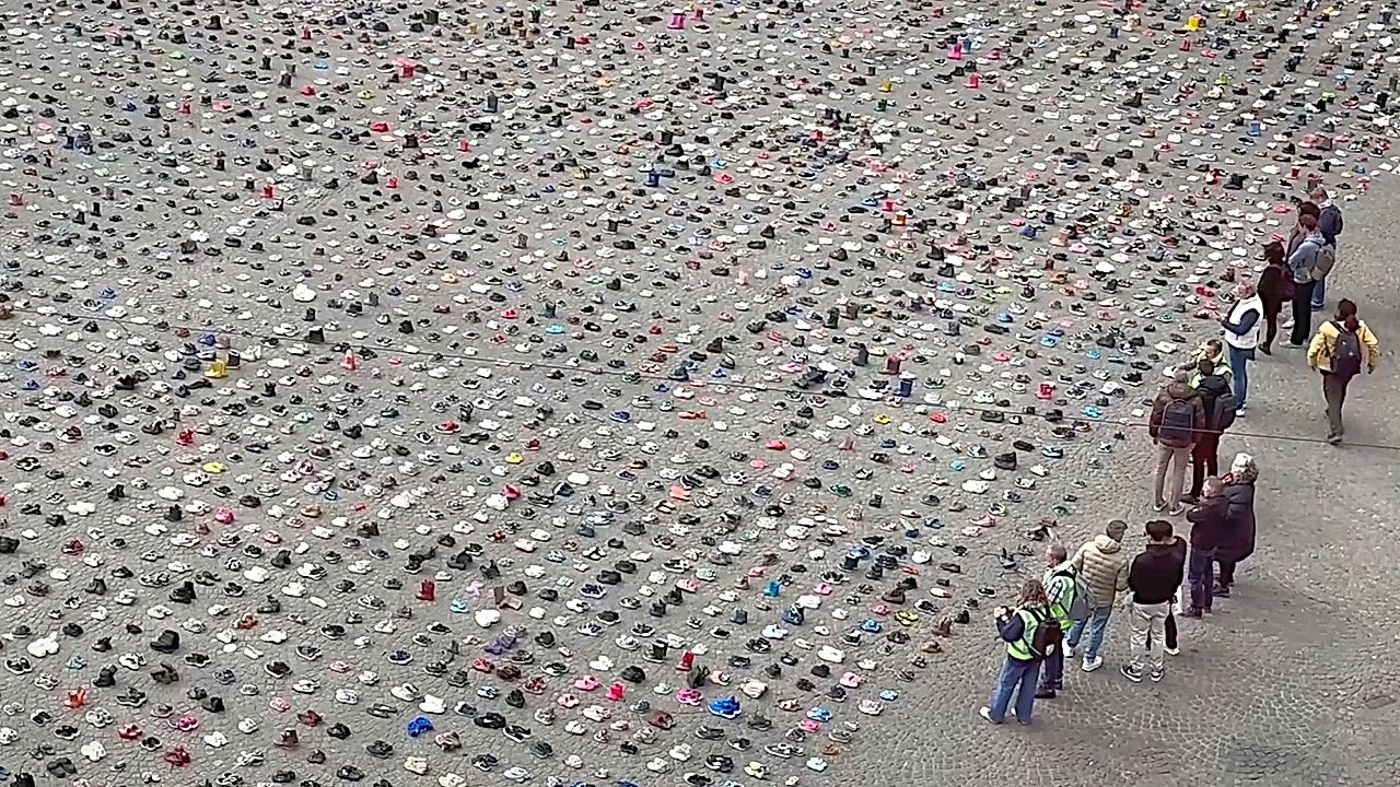 Thousands of shoes laid out to honour children killed in Gaza