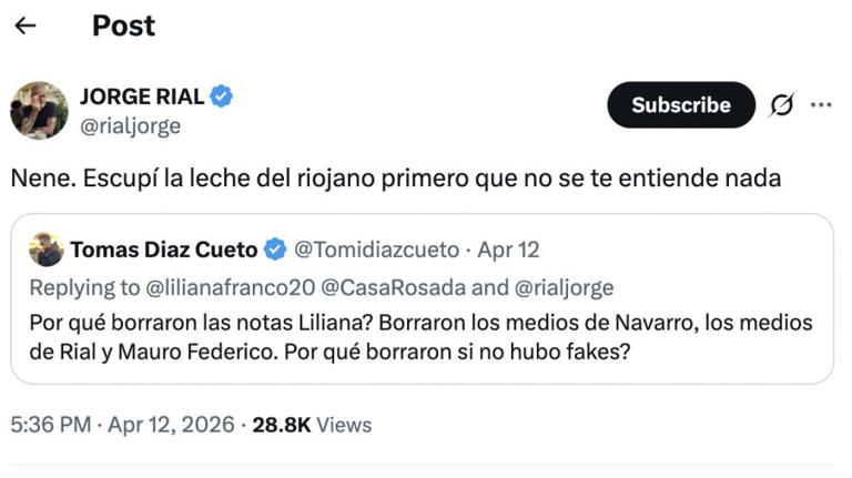 El tuit homofóbico de Jorge Rial contra un periodista oficialista
