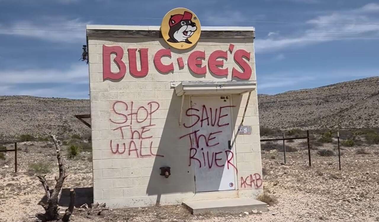 Tiny Buc-ee's graffitied with 'Save the River' in border wall protest