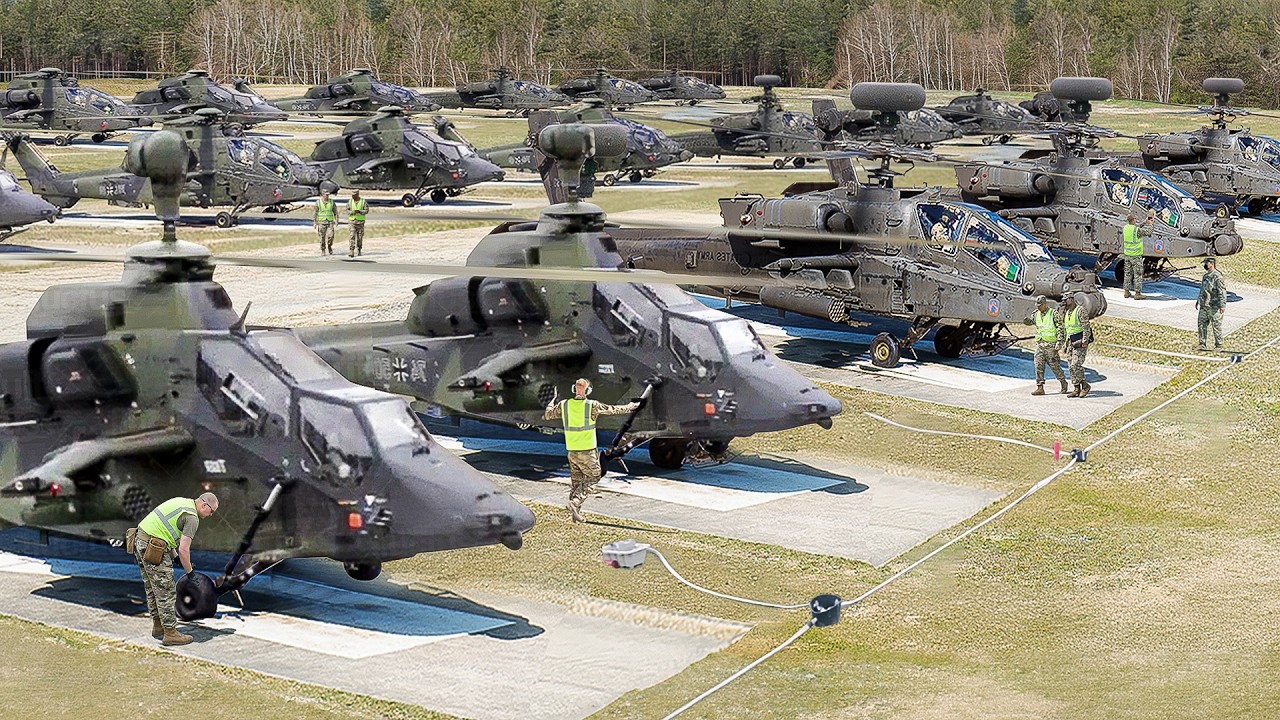Powerful US & German attack helicopters in action during mass takeoff