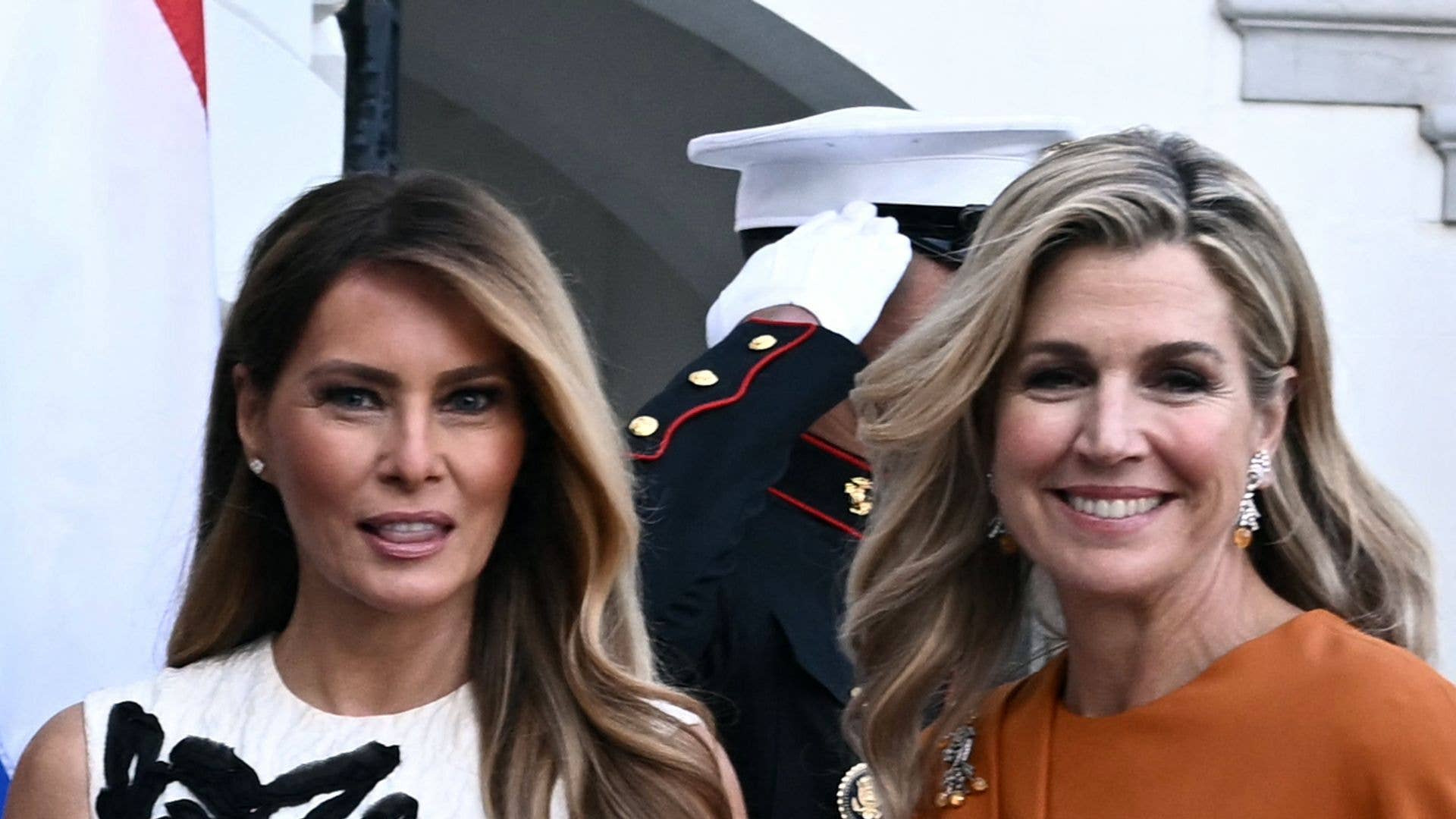 Melania Trump welcomes Queen Maxima in floral white dress at White ...