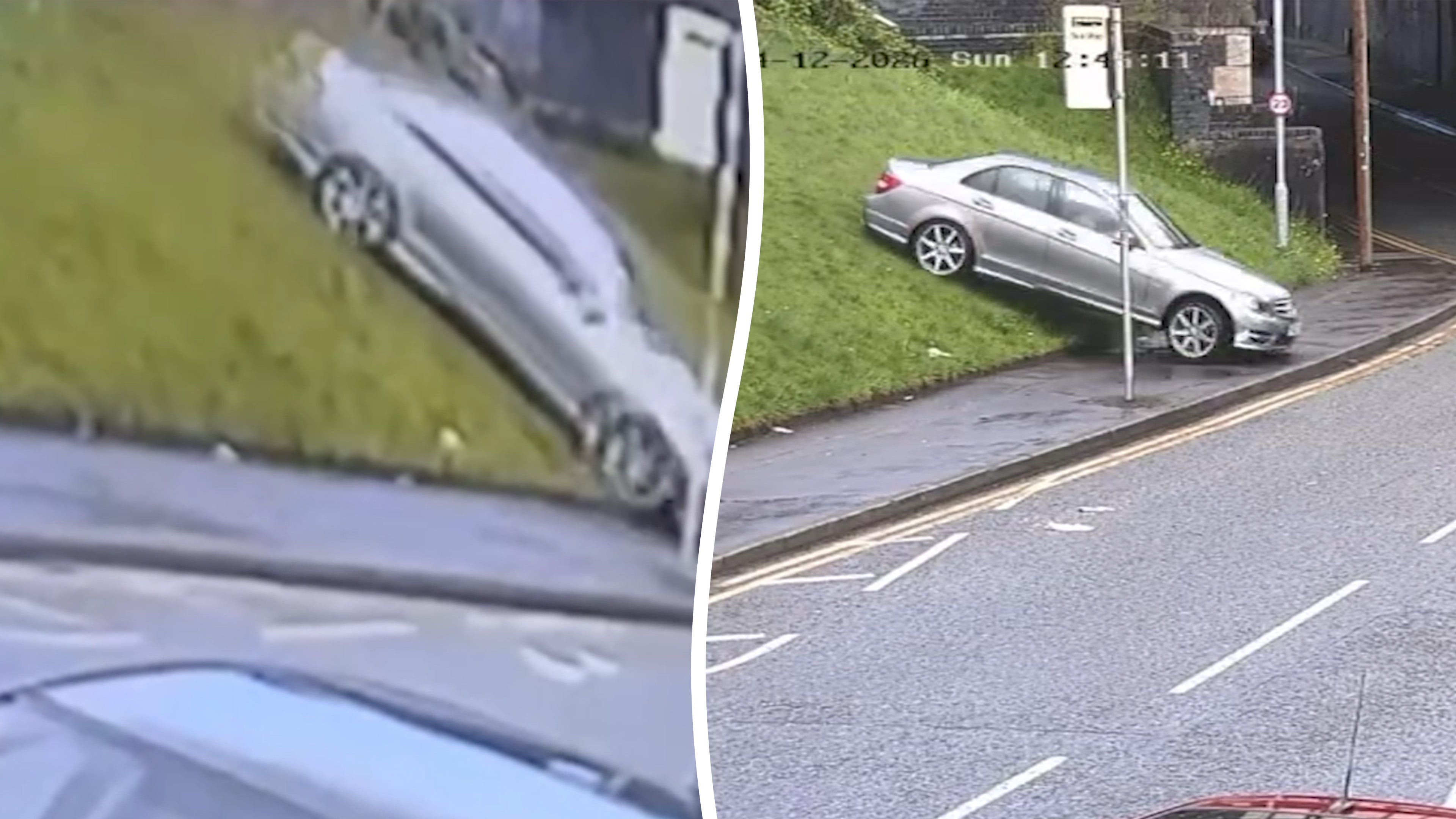 Moment runaway car rolls into road missing traffic by seconds caught on ...
