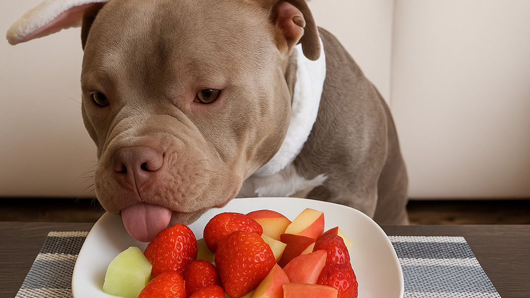 Dog tastes fresh fruit from a plate