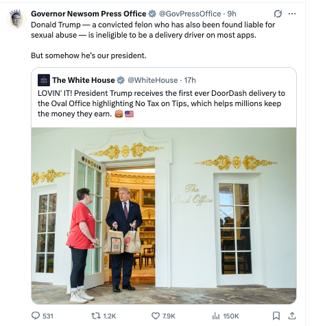 Newsom’s team points out the irony of Trump’s DoorDash stunt