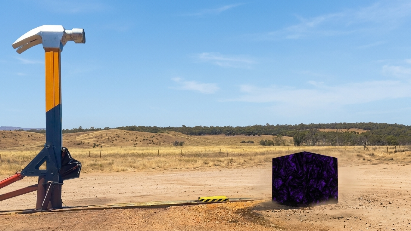 Watch what happens when a 6,600 lb hammer hits an obsidian block