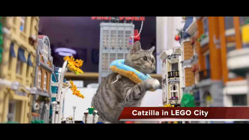 Giant cat wrecks a LEGO city in seconds