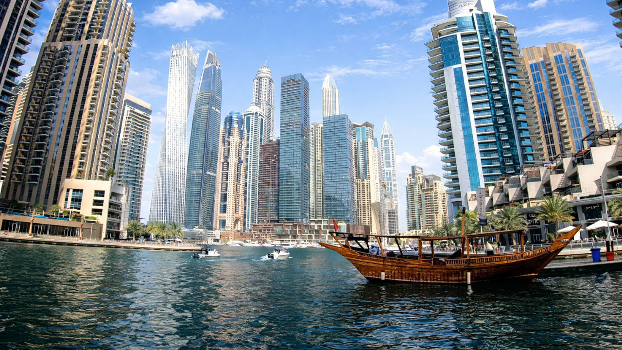 A scenic walk through Dubai Marina waterfront (4K)