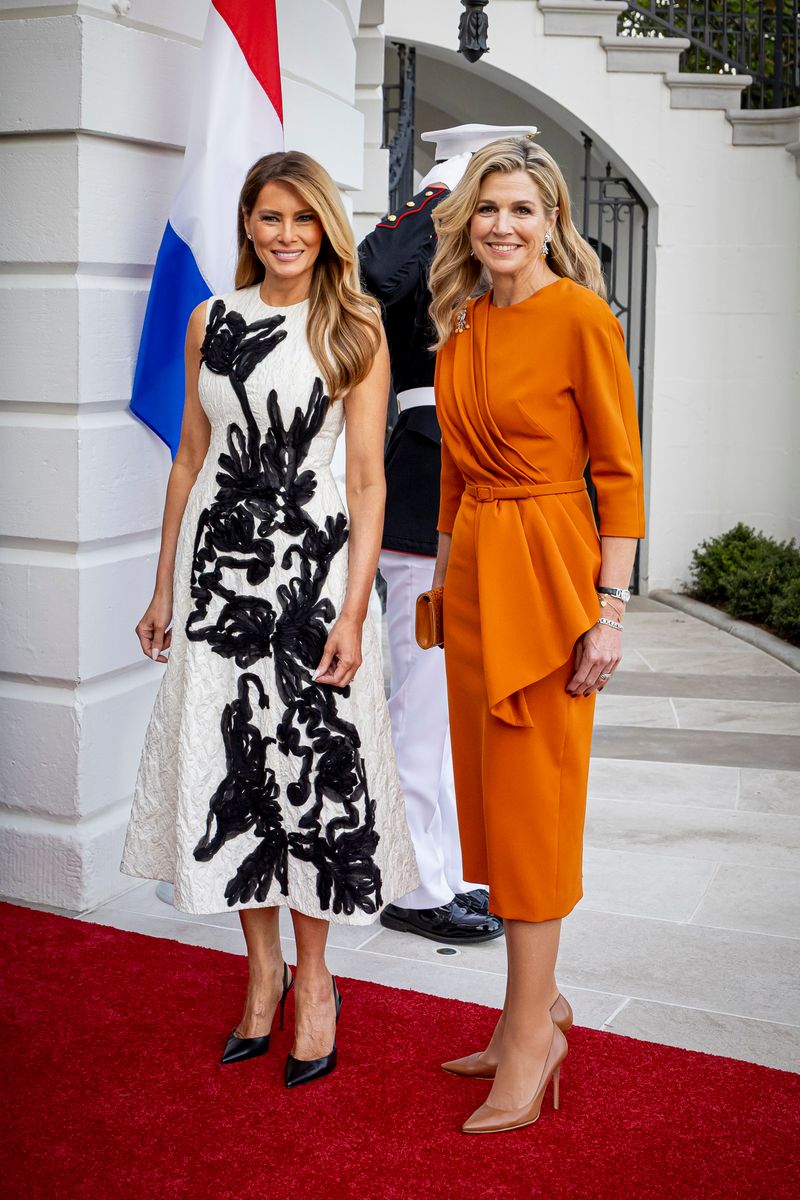 Melania Trump’s sculptural floral dress contrasts Queen Máxima’s bold ...