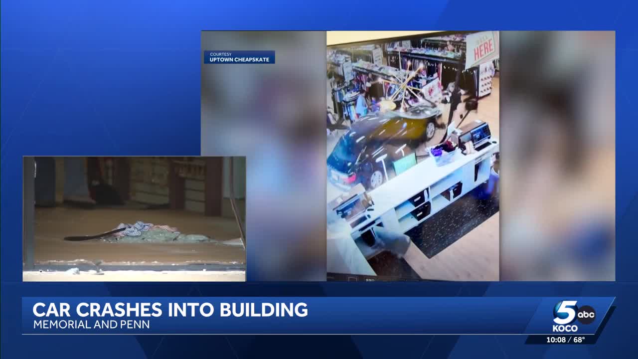 Car crashes in northwest OKC consignment store, barely missing shoppers