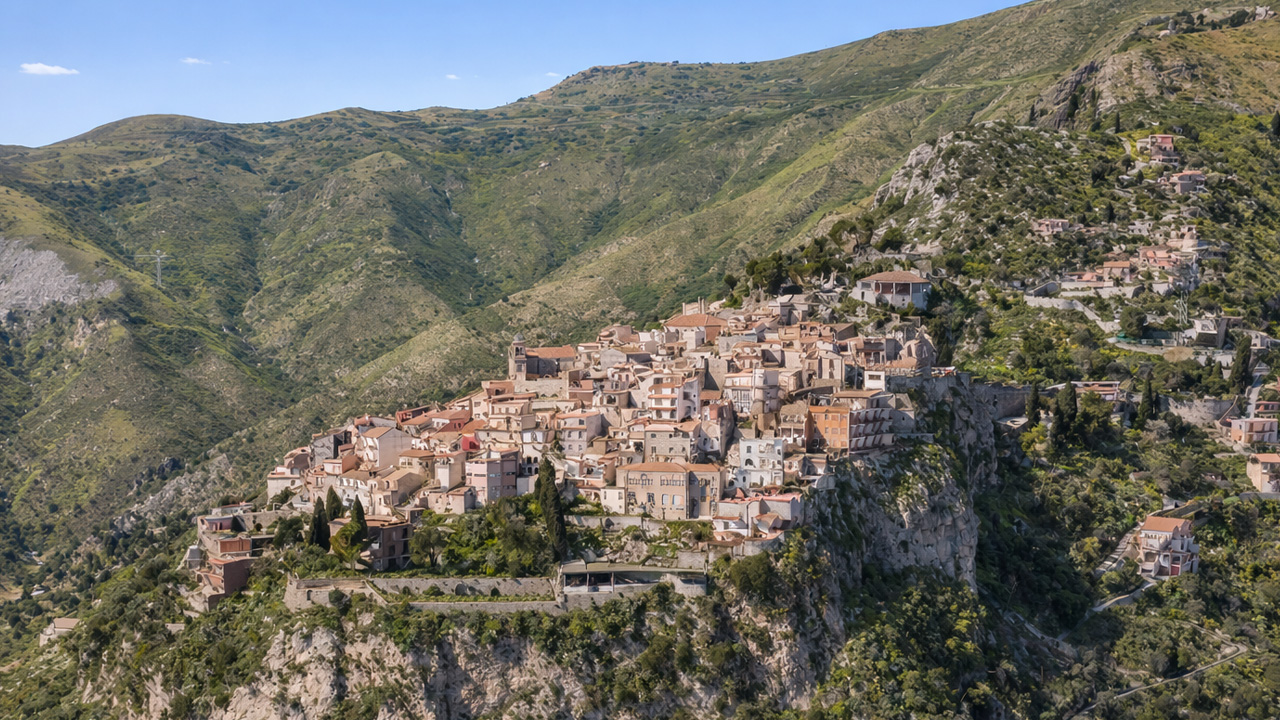 Aerial view of Taormina and mountain landscape